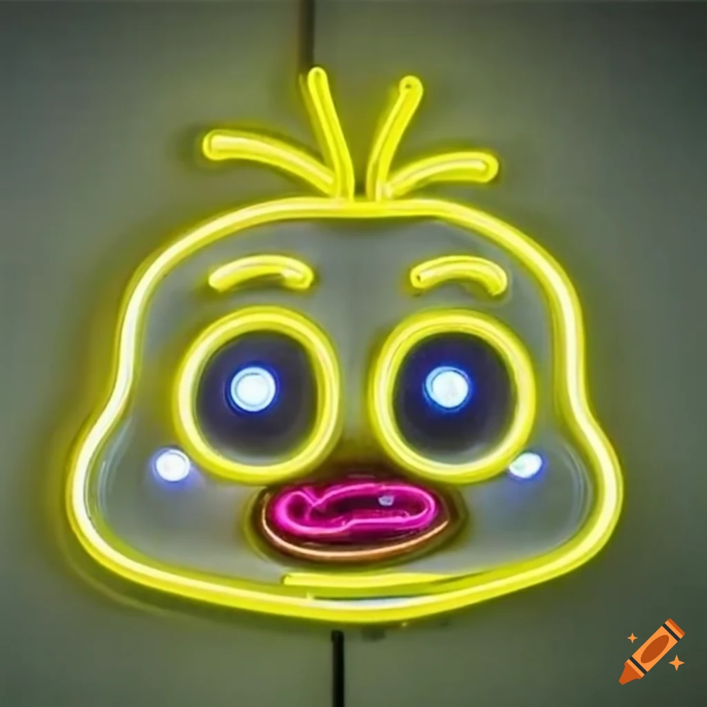 A vibrant yellow neon light sign of FNaF Chica the Chicken’s face on ...