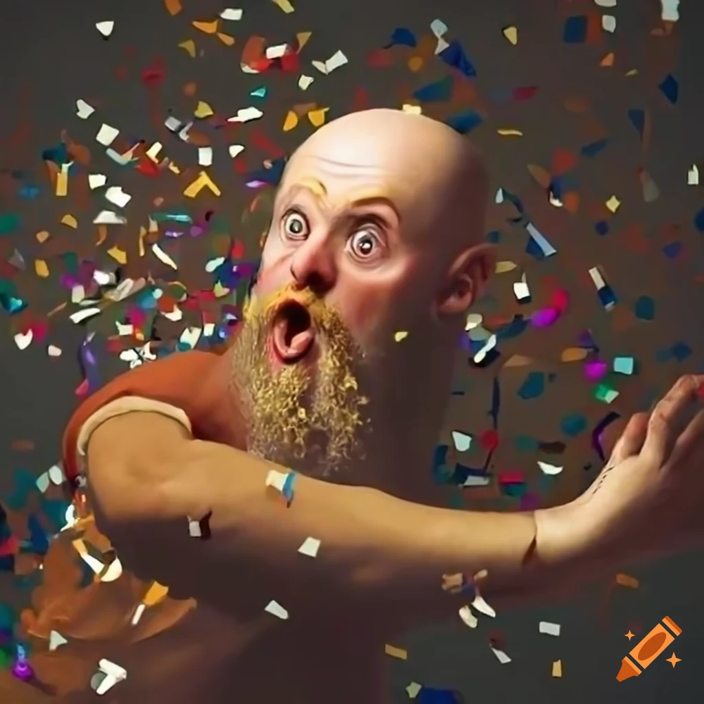 A bald man with a brown beard dancing on the dance floor firing a confetti cannon, shocked ...