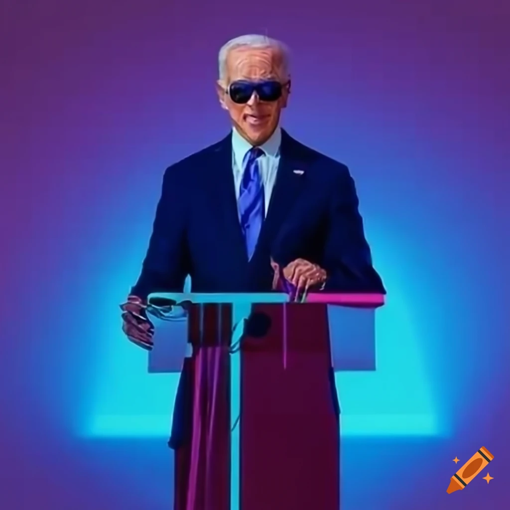 Joe biden wearing aviator sunglasses at the presidential podium in neon