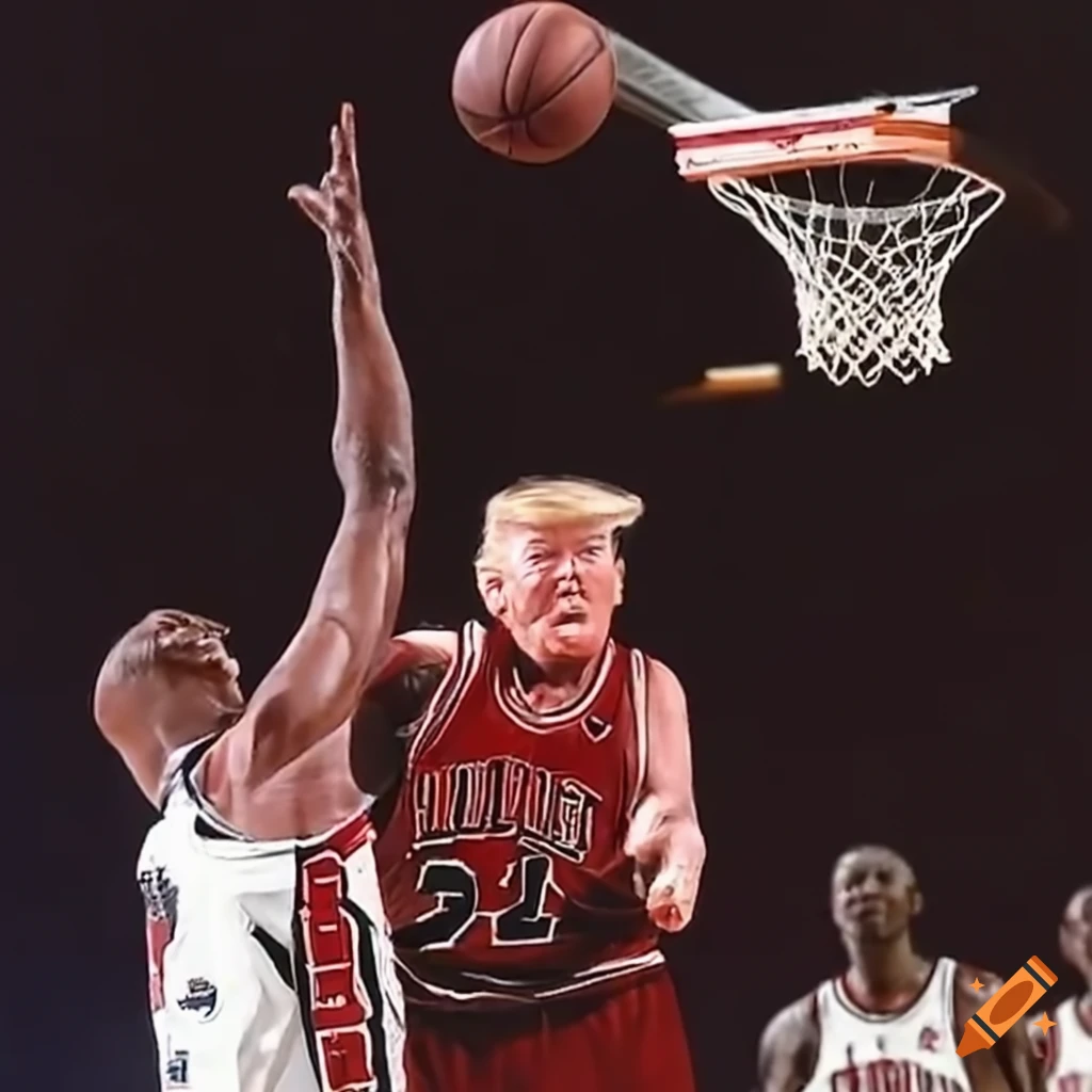 A picture of donald trump playing basketball and slam dunking on ...
