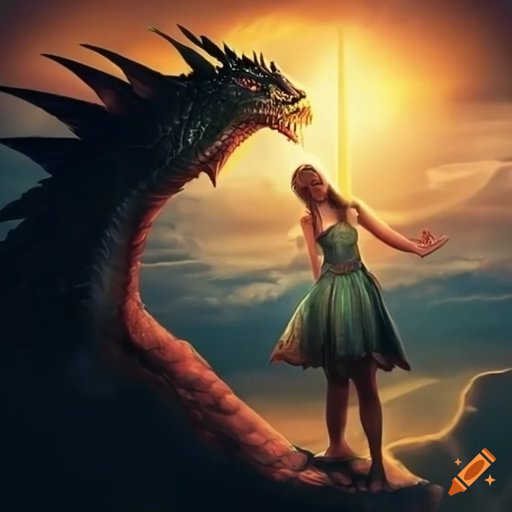 A fantasy picture showing a girl is flying the giant dragon