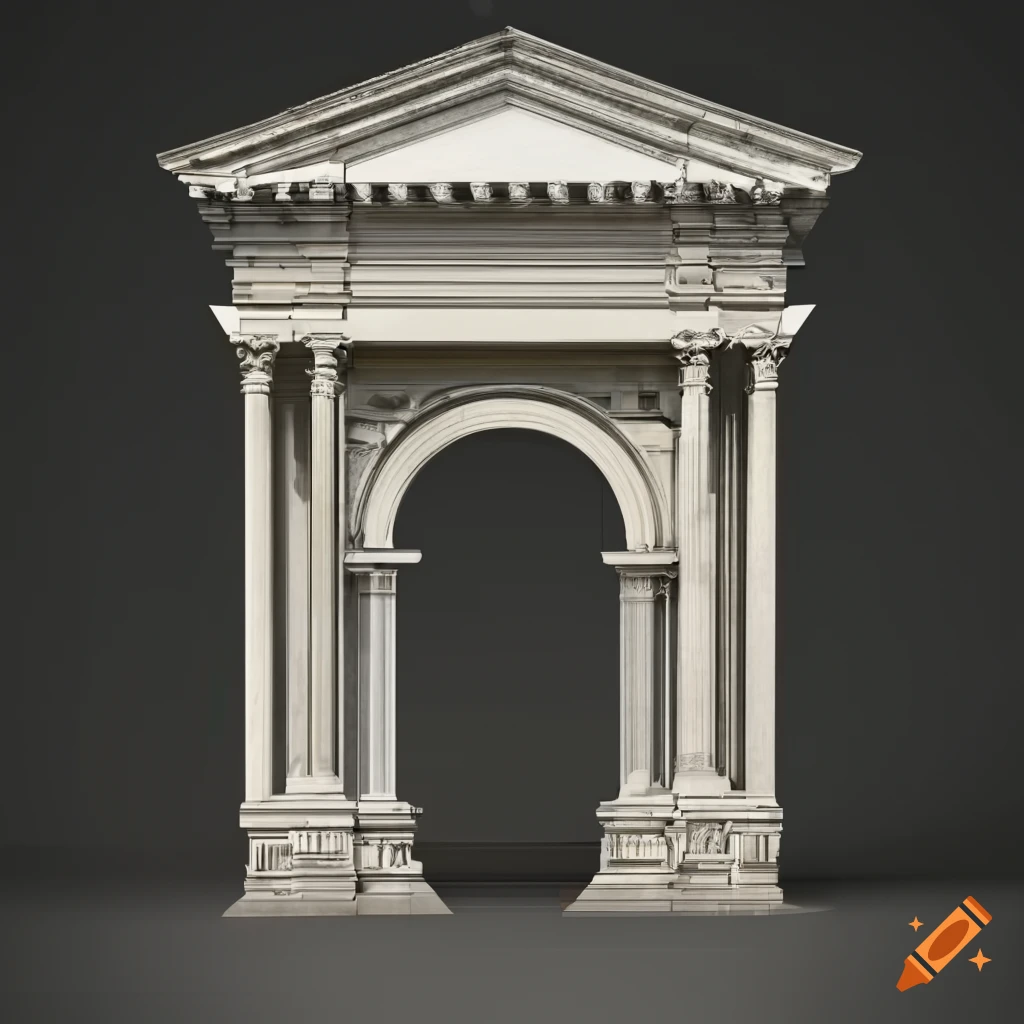 Facade of Roman portico made of stainless steel, clear sky, high detailed engravings, front view ...