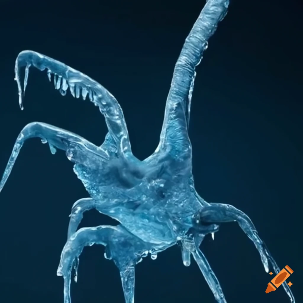 A thin, lean ice insect monster made of thin transparent icicles