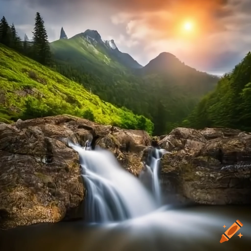 Mountain waterfall sun on Craiyon