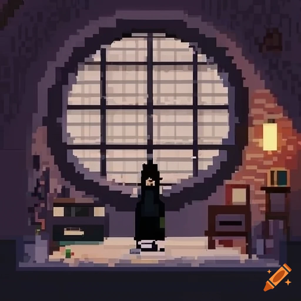 Pixel art of Wednesday Addams' cozy dorm room with a round window on ...
