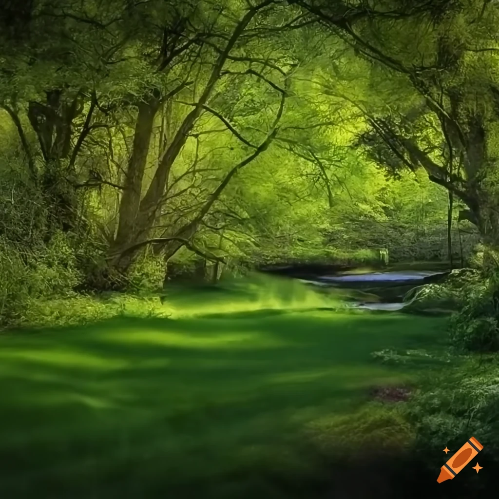 A glade in a moderate cloudy evening with a streamlet laying ahead of ...