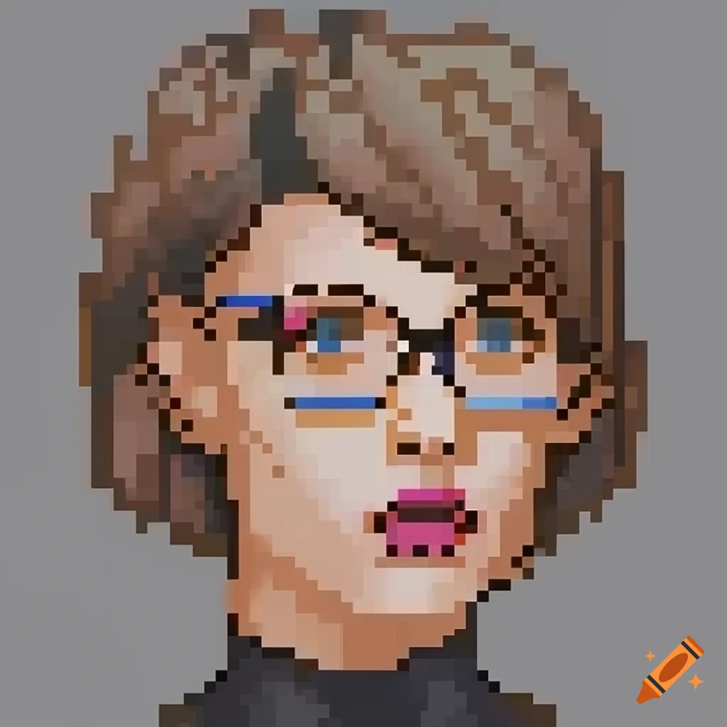 Portrait of woman with short brown hair and glasses,pixel art on Craiyon