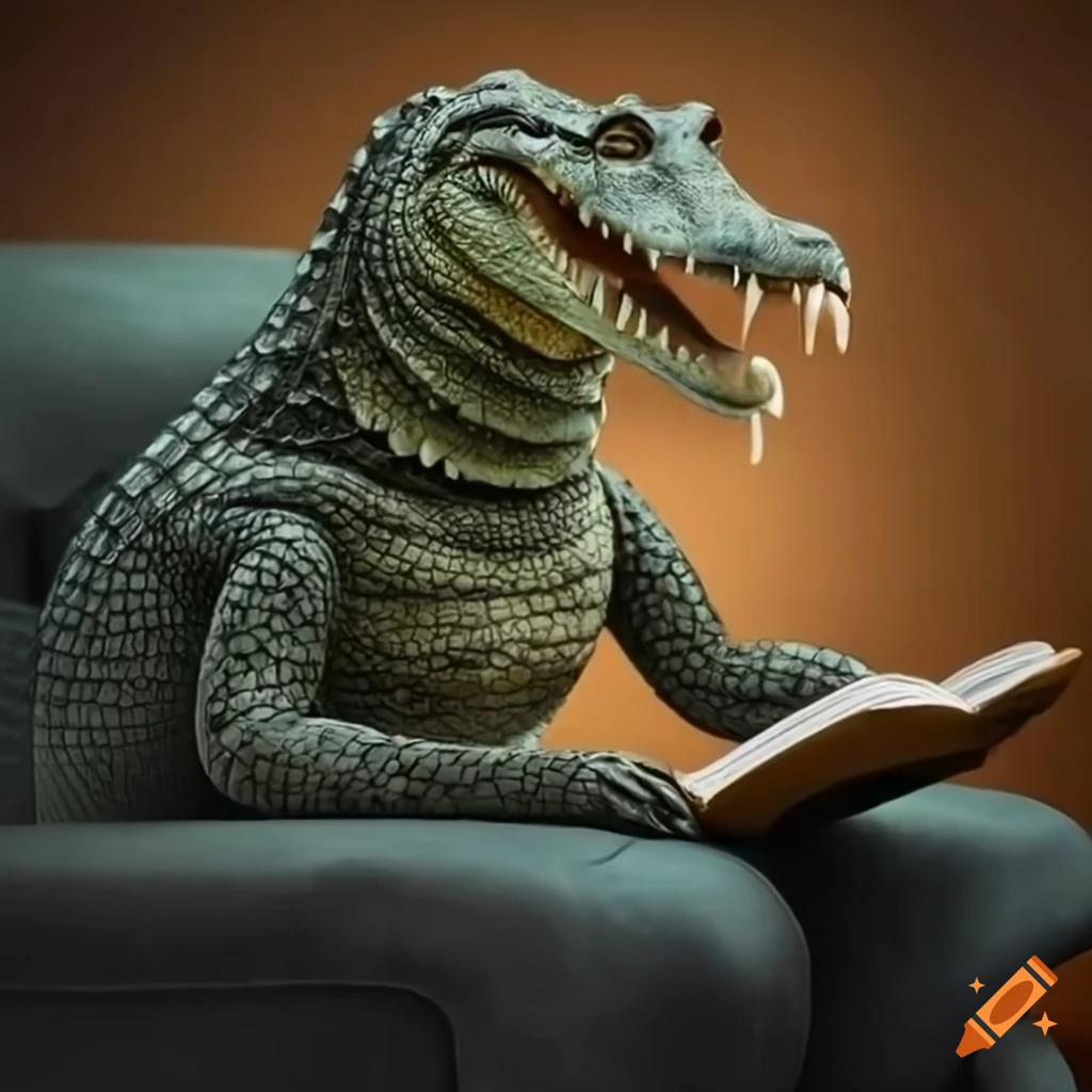 Hyperrealistic crocodile sitting in a library in an arm chair reading a ...