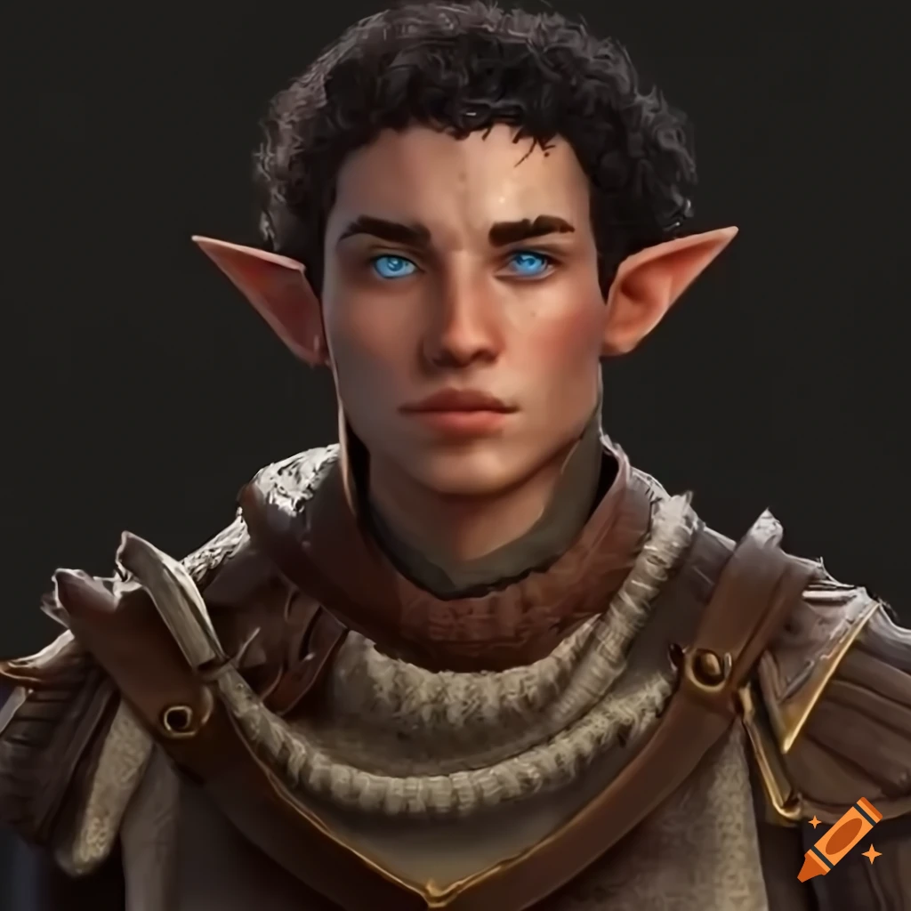 A handsome male half-elf with black very short curly hair. he has a ...