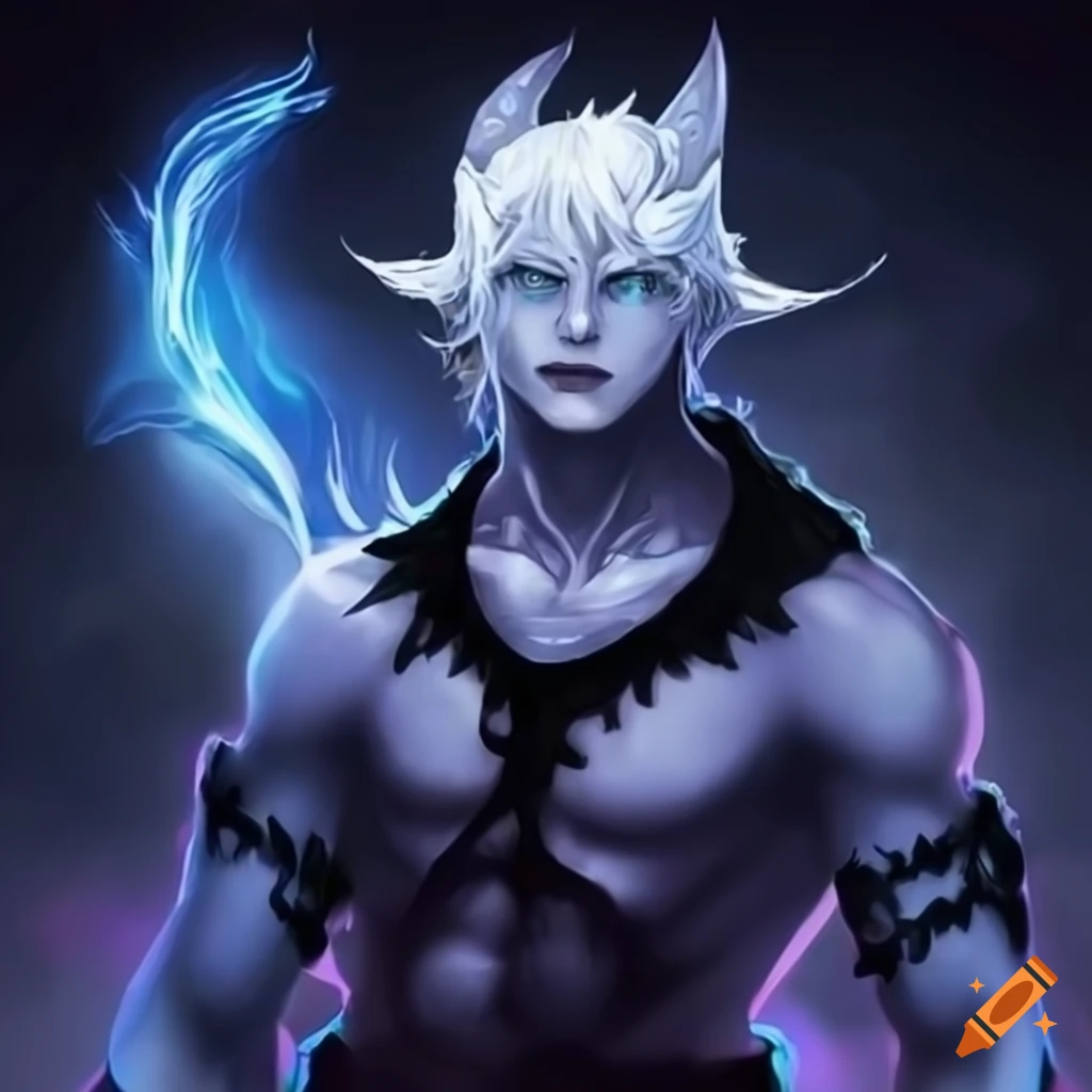 Male demon with blue skin, white hair, and piercing blue eyes on Craiyon
