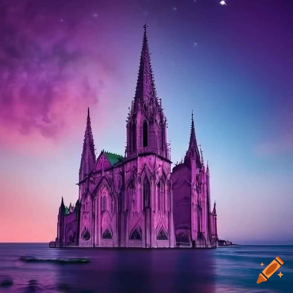 Pink and violet gothic cathedral on the sea coast with two moons in the ...