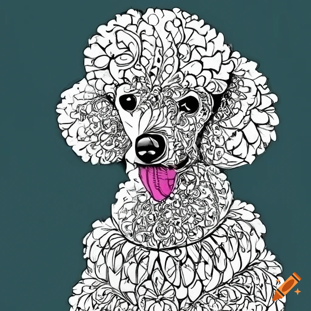 Colouring pages, mandala, dog image (poodle), white background