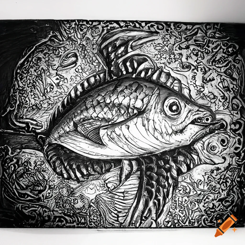 A twisting fish , rounded, black and white inked style, blanchitsu ...