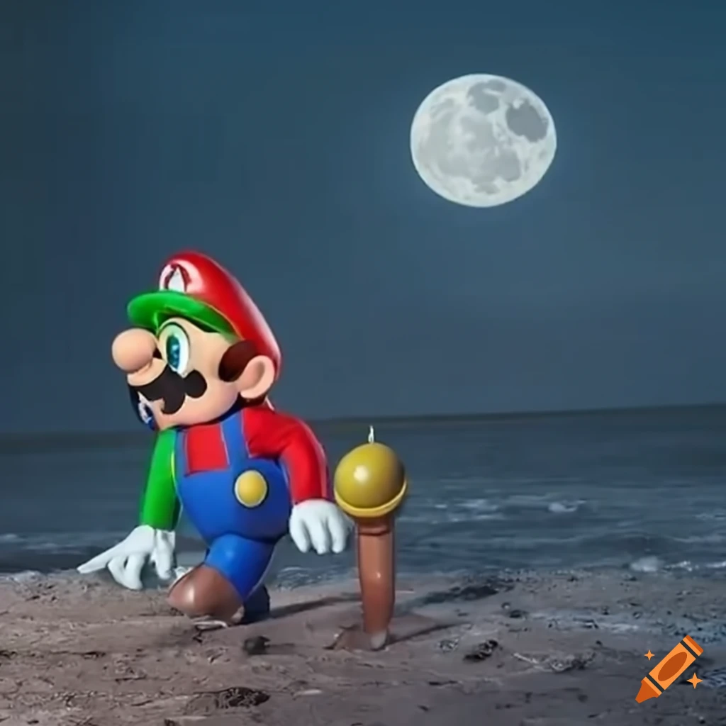Mario bros riding a rocket on the moon