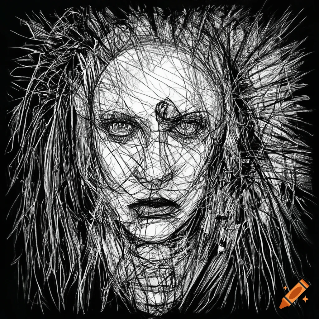 Pencil scribble line drawing of fantasy portrait in.style of heavy ...