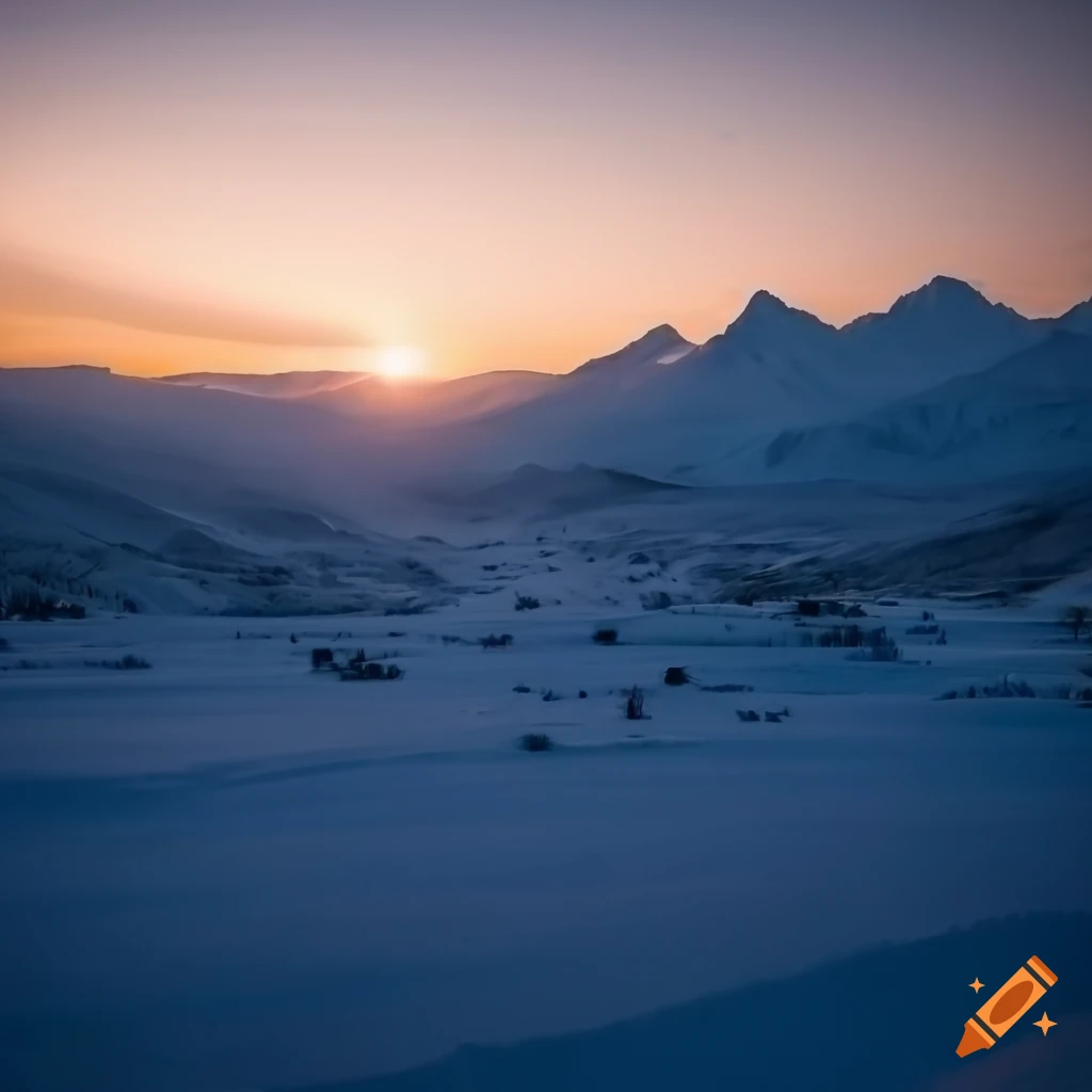 Artic, lots of snow on the ground, snowy mountains on the far back ...