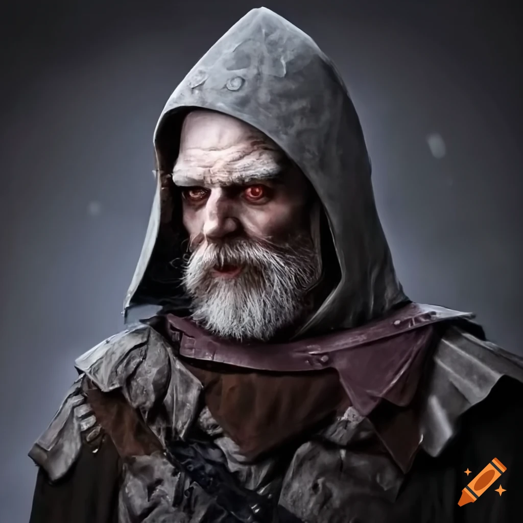 56 old male vampire with grey beard wearing a medieval ages armour with ...