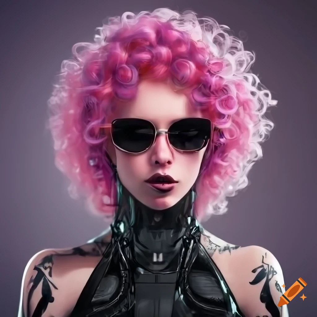 Futuristic girl with long pink curly hair, black dress, tattoos, and ...