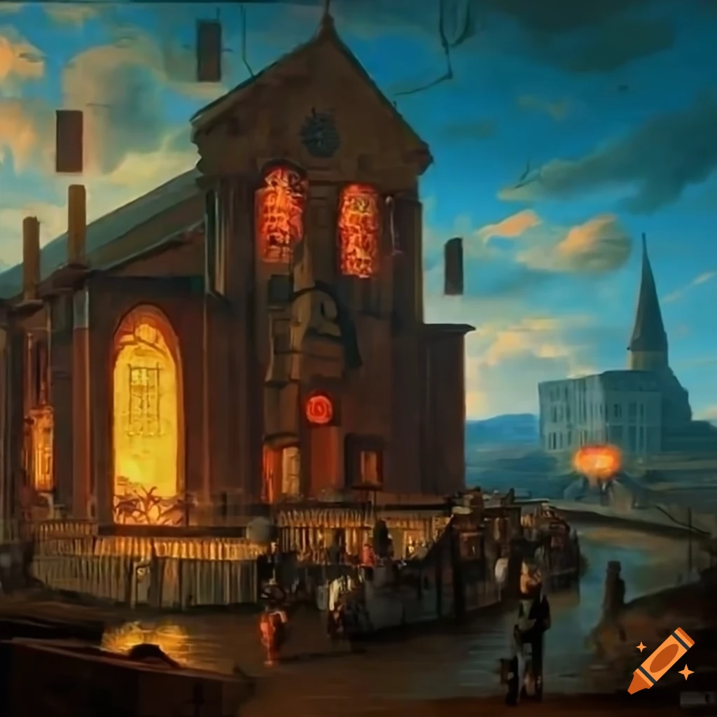 Dutch artist Jan Steen painting of futuristic sci fi Catholic altar ...
