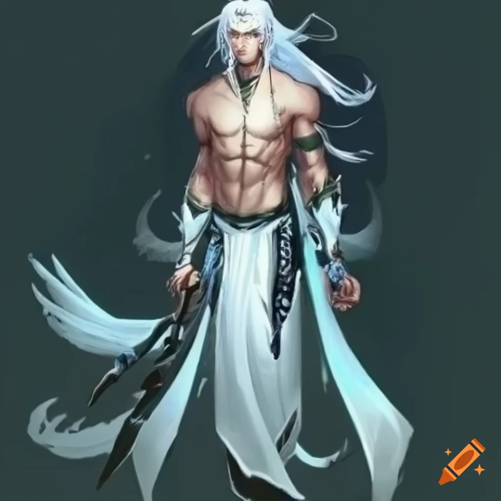 Male yuan-ti, long white hair, strong, snake scales, tribal on Craiyon