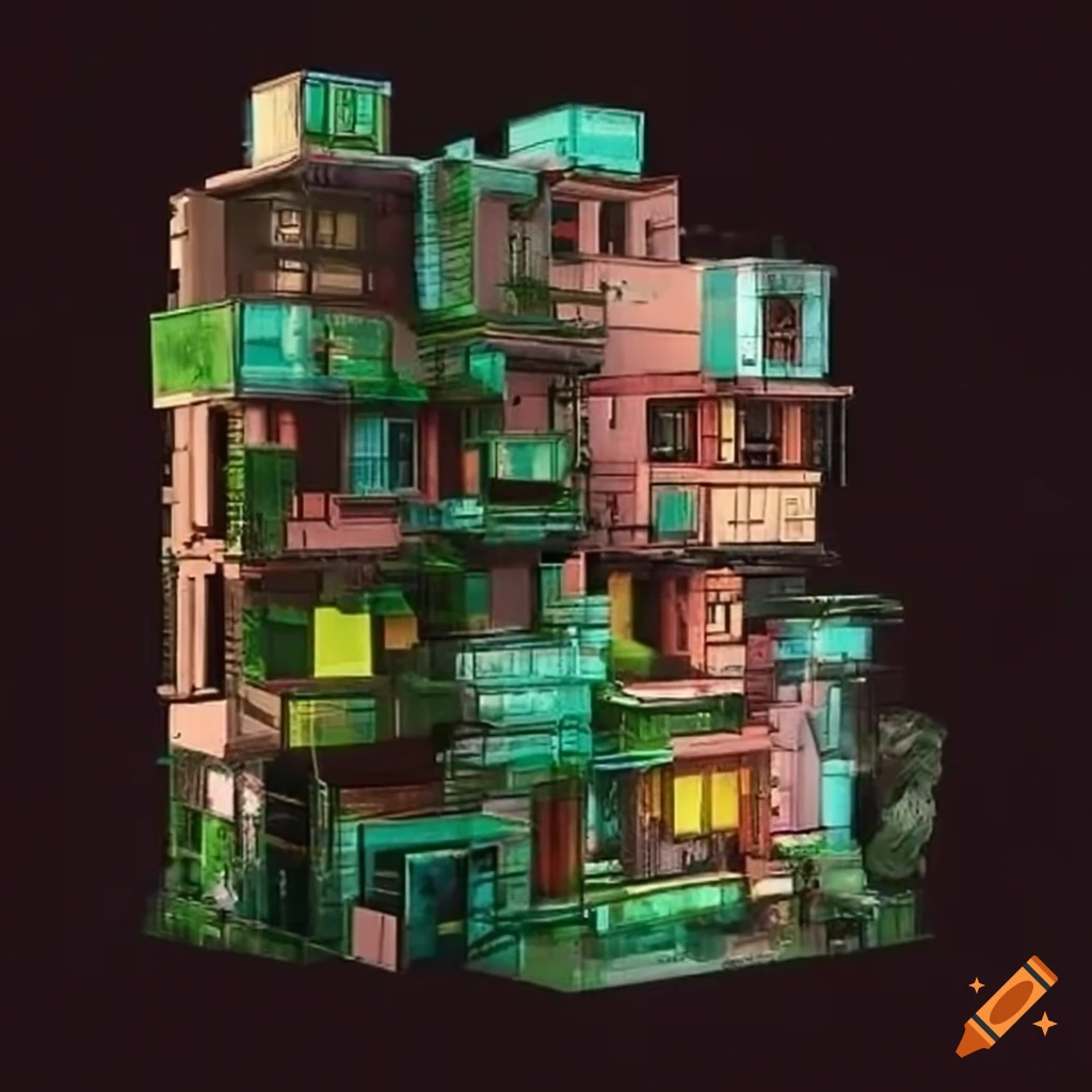 Three-store small kowloon blocky housing unit, cyberpunk dystopian, in ...