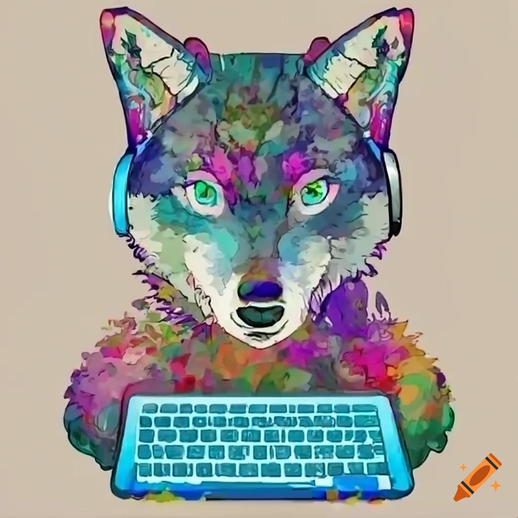 Wolf wearing headphones sitting are a laptop on Craiyon