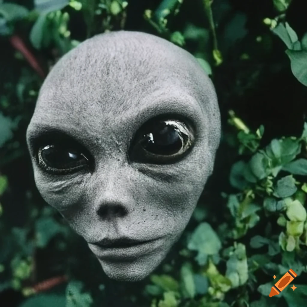 A 35mm photo of a gray alien hiding behind a bush on Craiyon