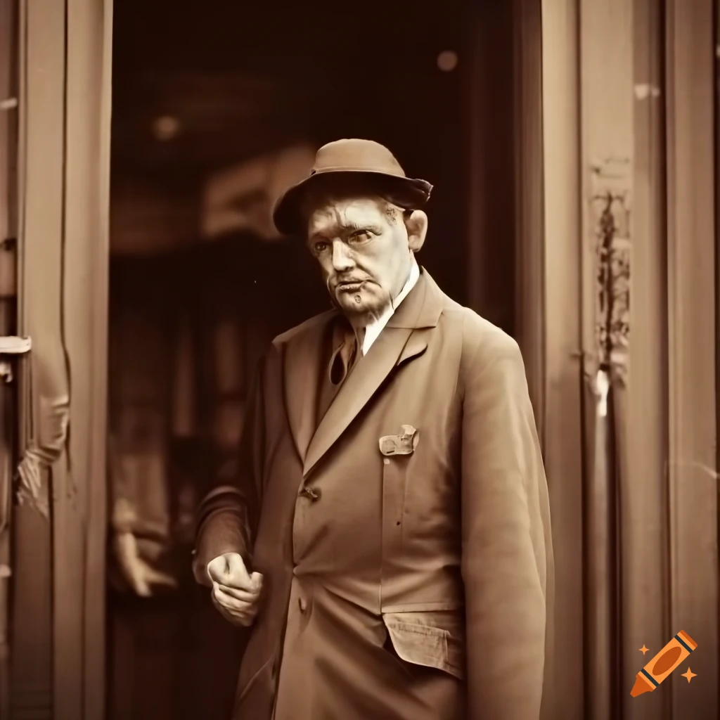 Vintage, grainy, sepia, man standing in front of shop, f4, 150mm ...
