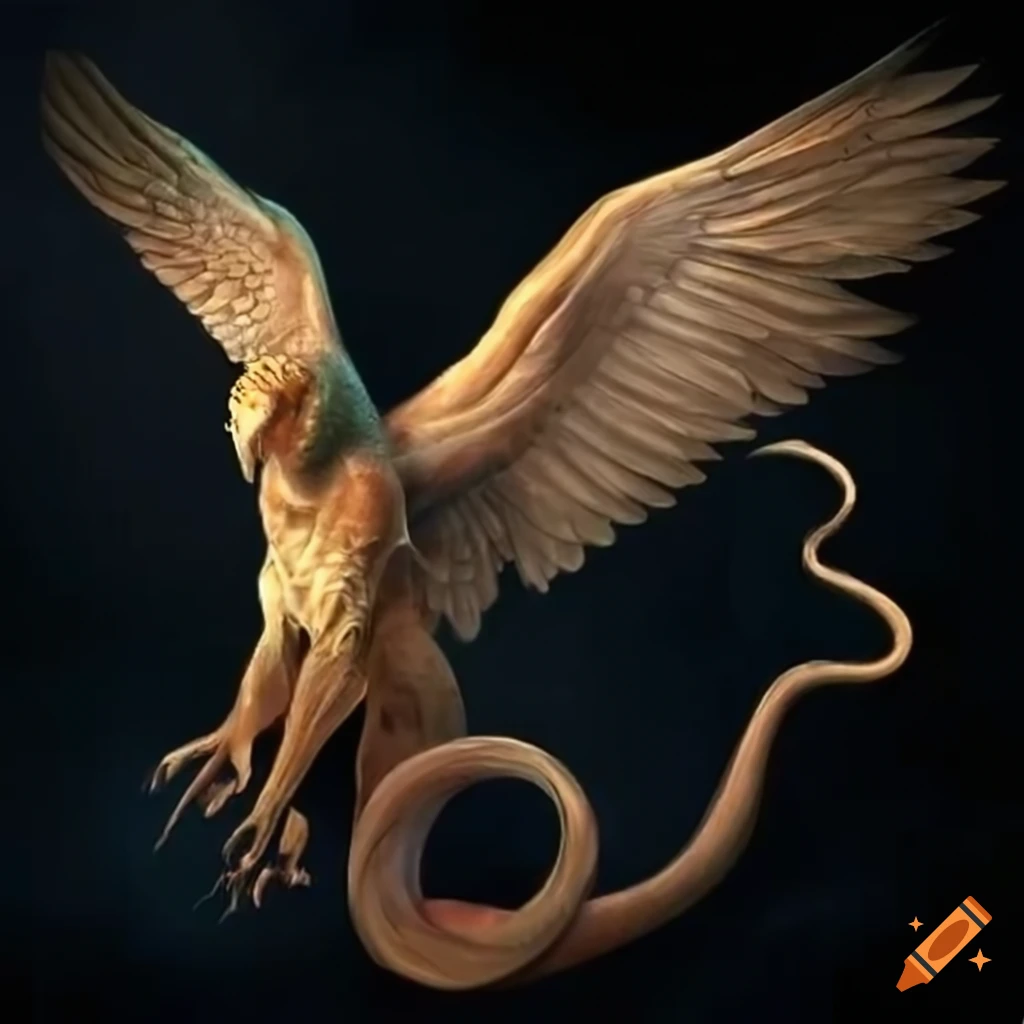 A creature with the body if a lion, six wings with eyes and a serpent ...