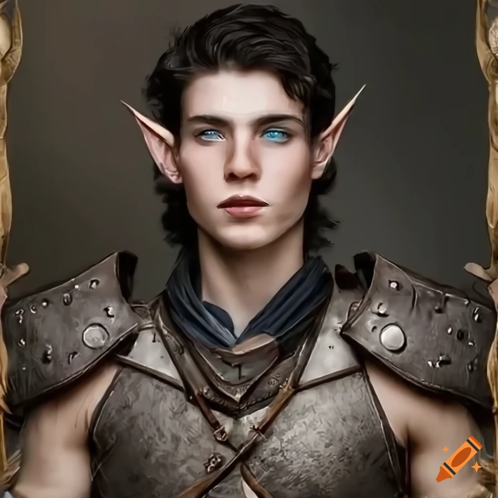 A handsome male half-elf with black very short wavy hair. he has very ...