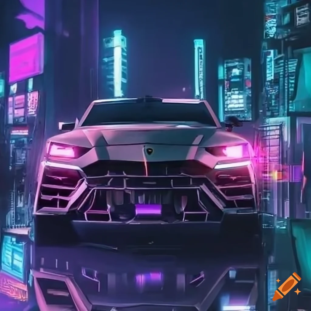 Futuristic lamborghini urus in a cyberpunk world on Craiyon