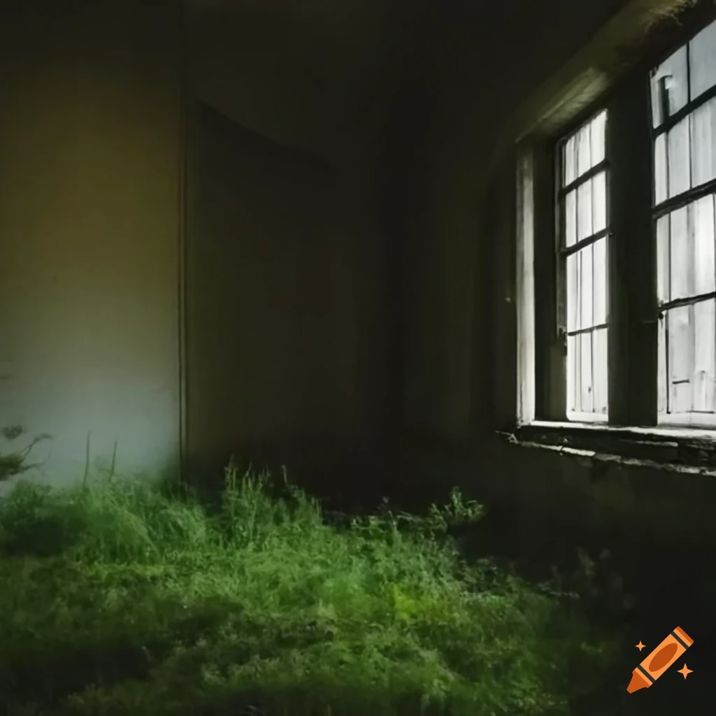 Liminal space, empty, grass, unknown building, abandoned on Craiyon