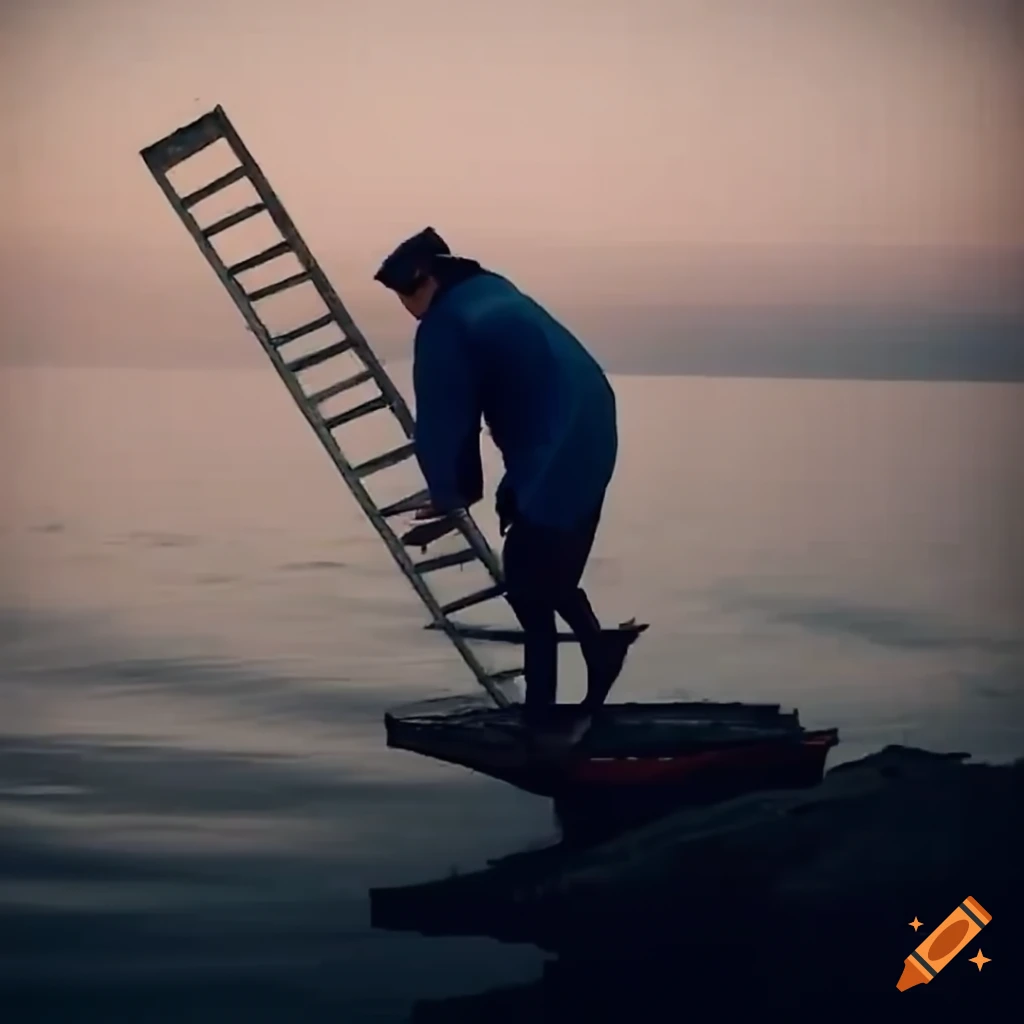 Fisherman using a ladder to catch fish on Craiyon