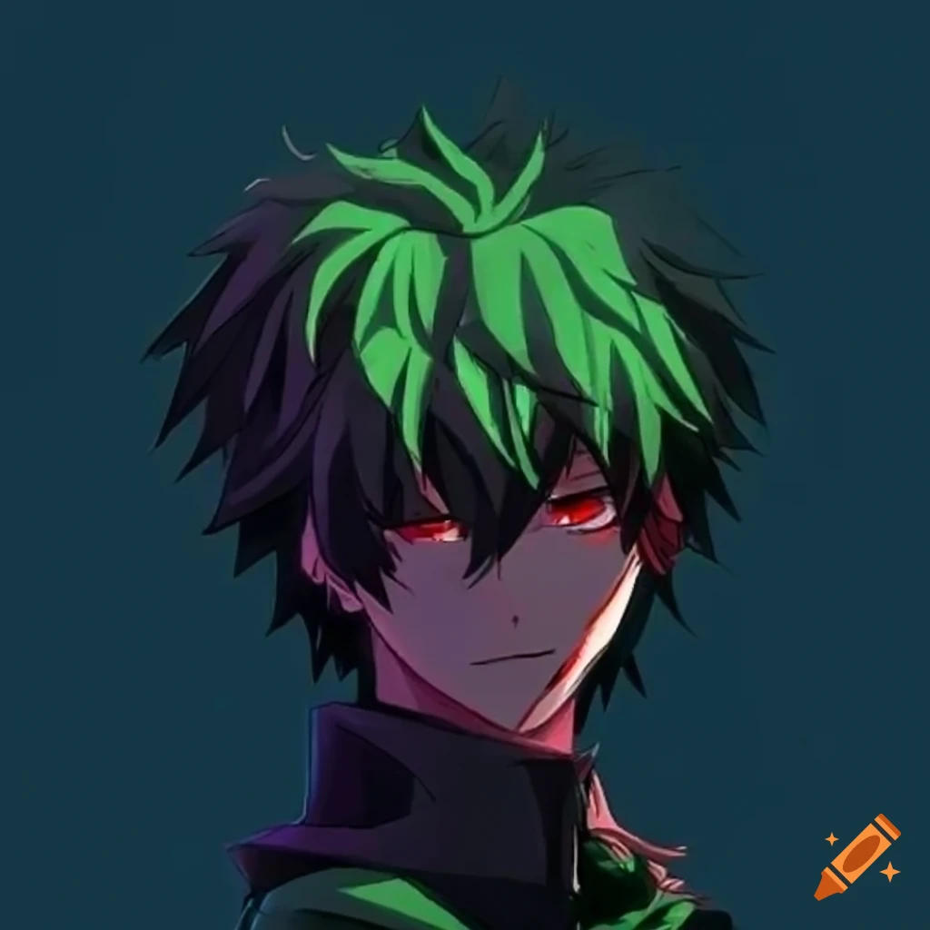 Black anime boy with scars, short wavy hair wearing green cloak
