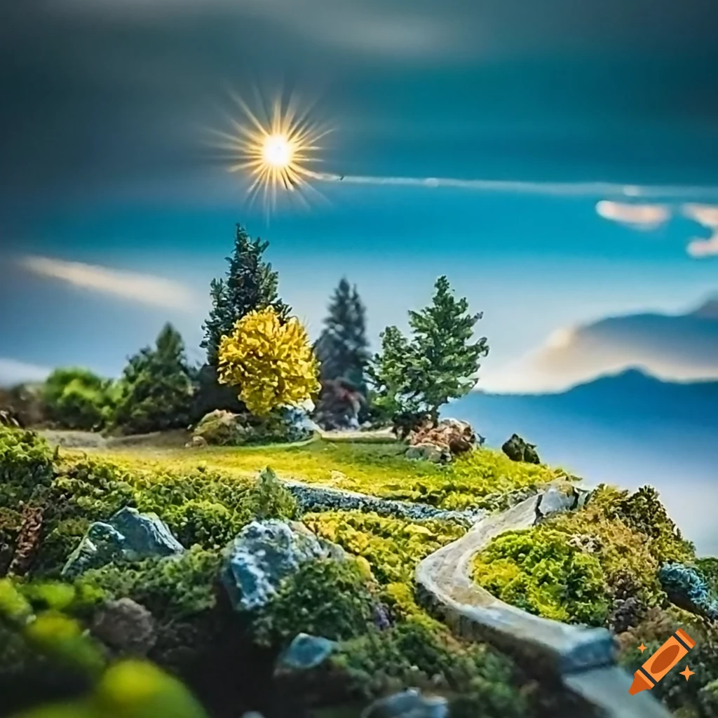 Miniature diorama of a mini landscape with a super defined and bright ...