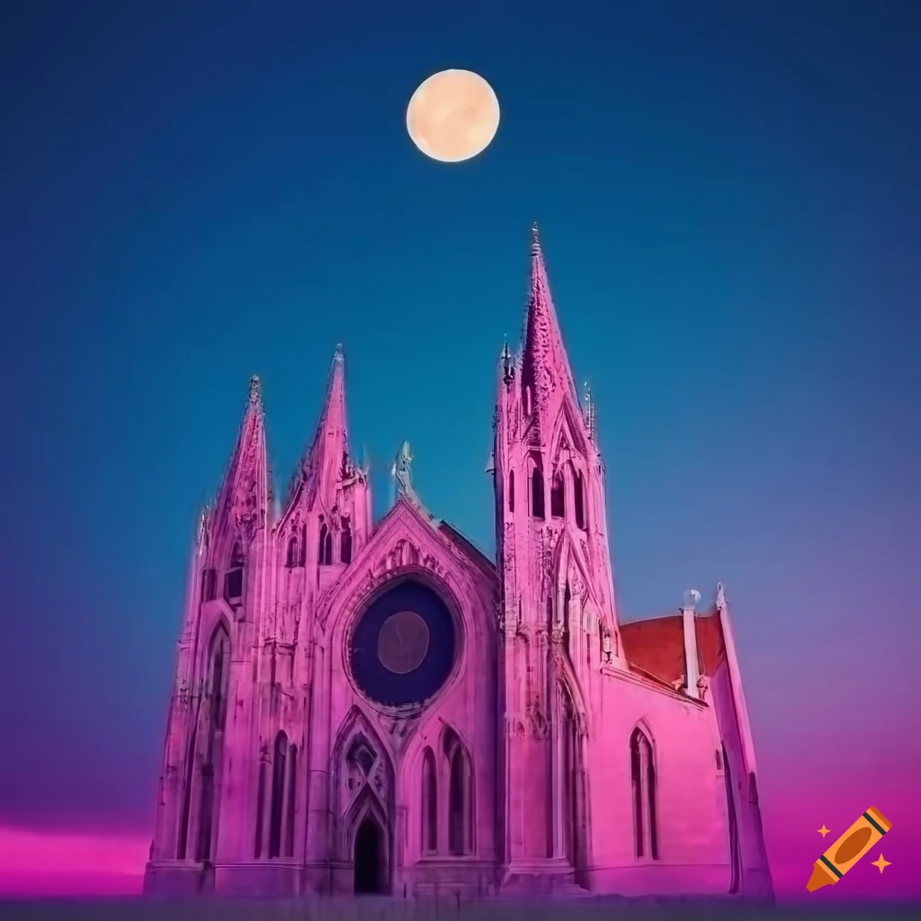 Pink and violet gothic cathedral on the sea coast with two moons in the ...