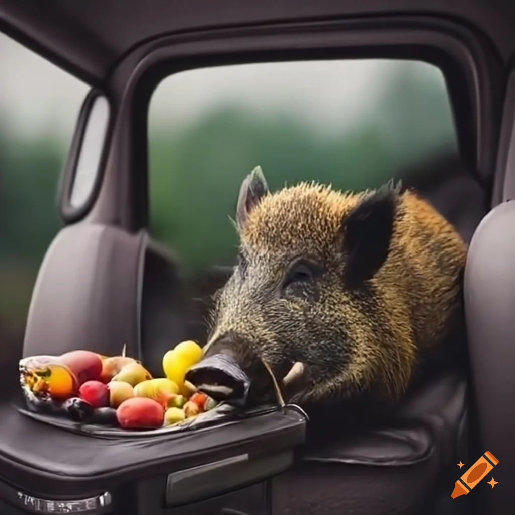 Wild boar in the car with coffee and fruits