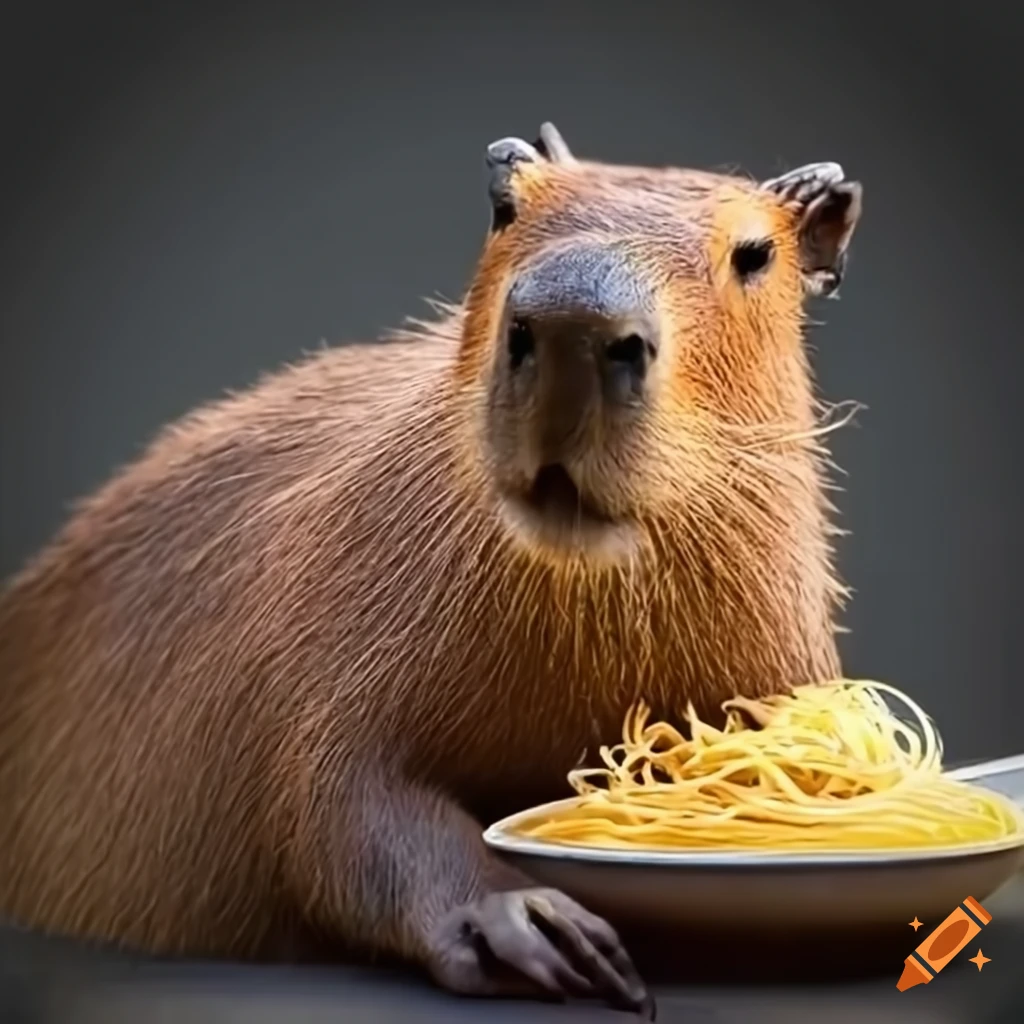 A capybara eating pasta