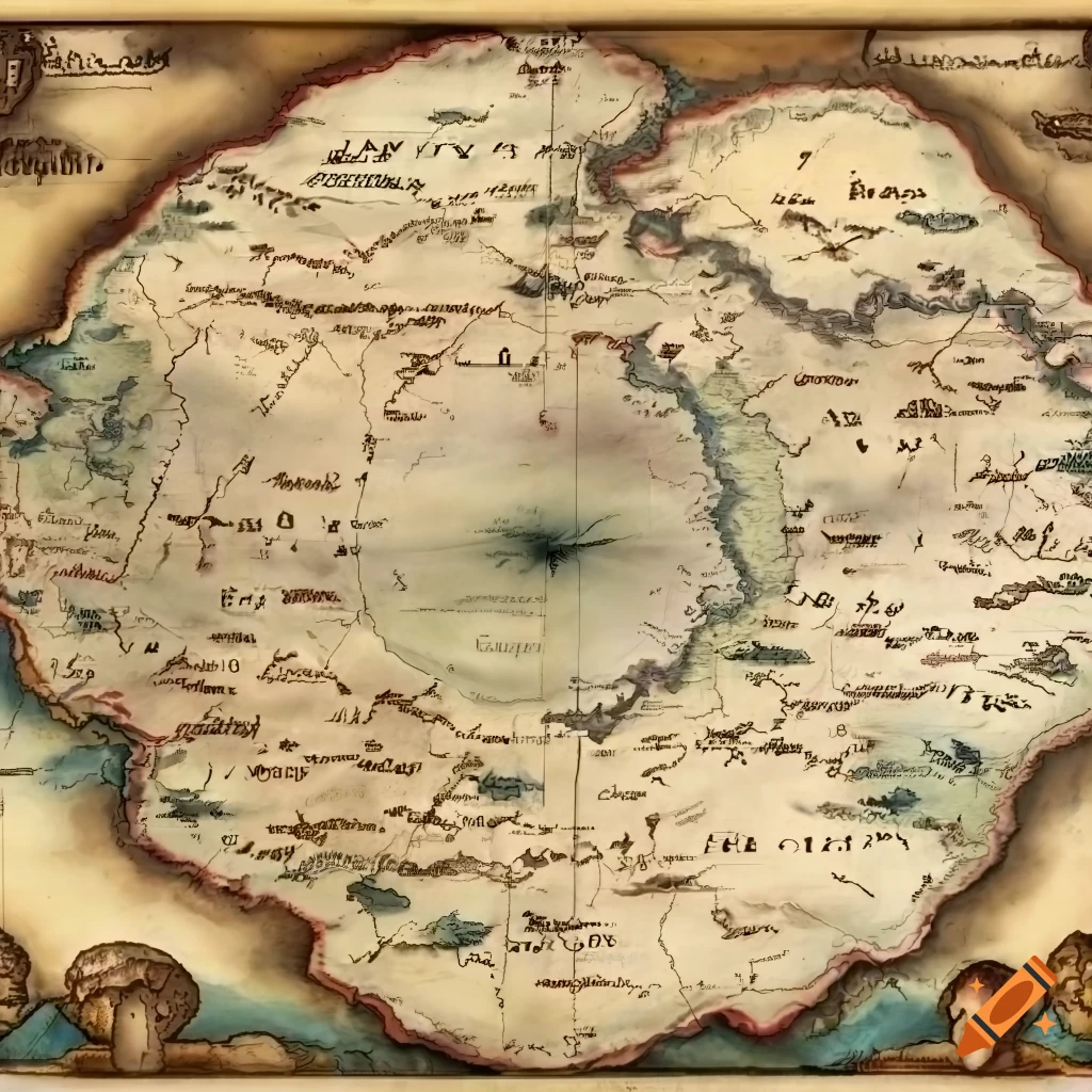 Dnd continental map with a large crater in the center on Craiyon