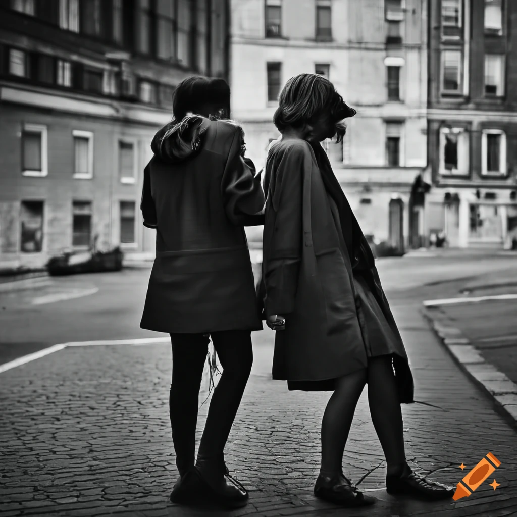 Two people, serious argument, urban street, black and white photo