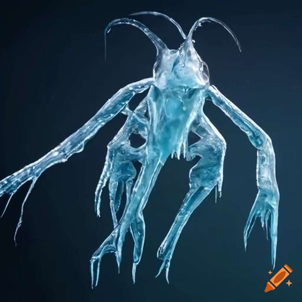 A thin, lean ice insectoid monster made of thin transparent icicles