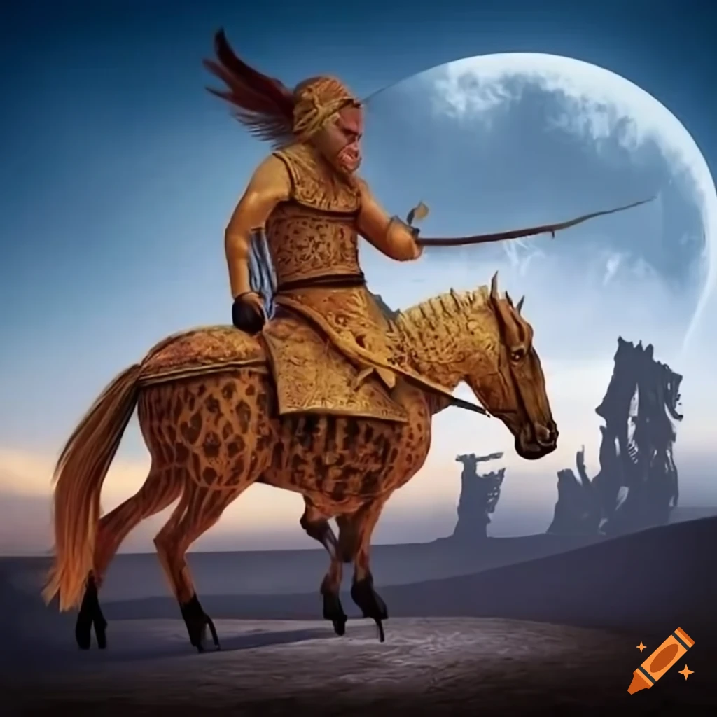 An ancient Scythian riding a horse against the backdrop of the ruins of ...