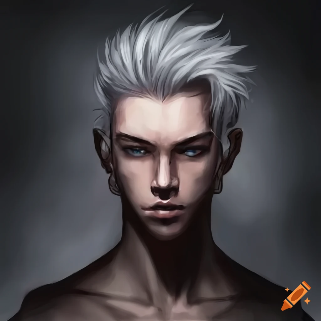 Stoic face young adult man fantasy human grey hair soldier medium hair ...