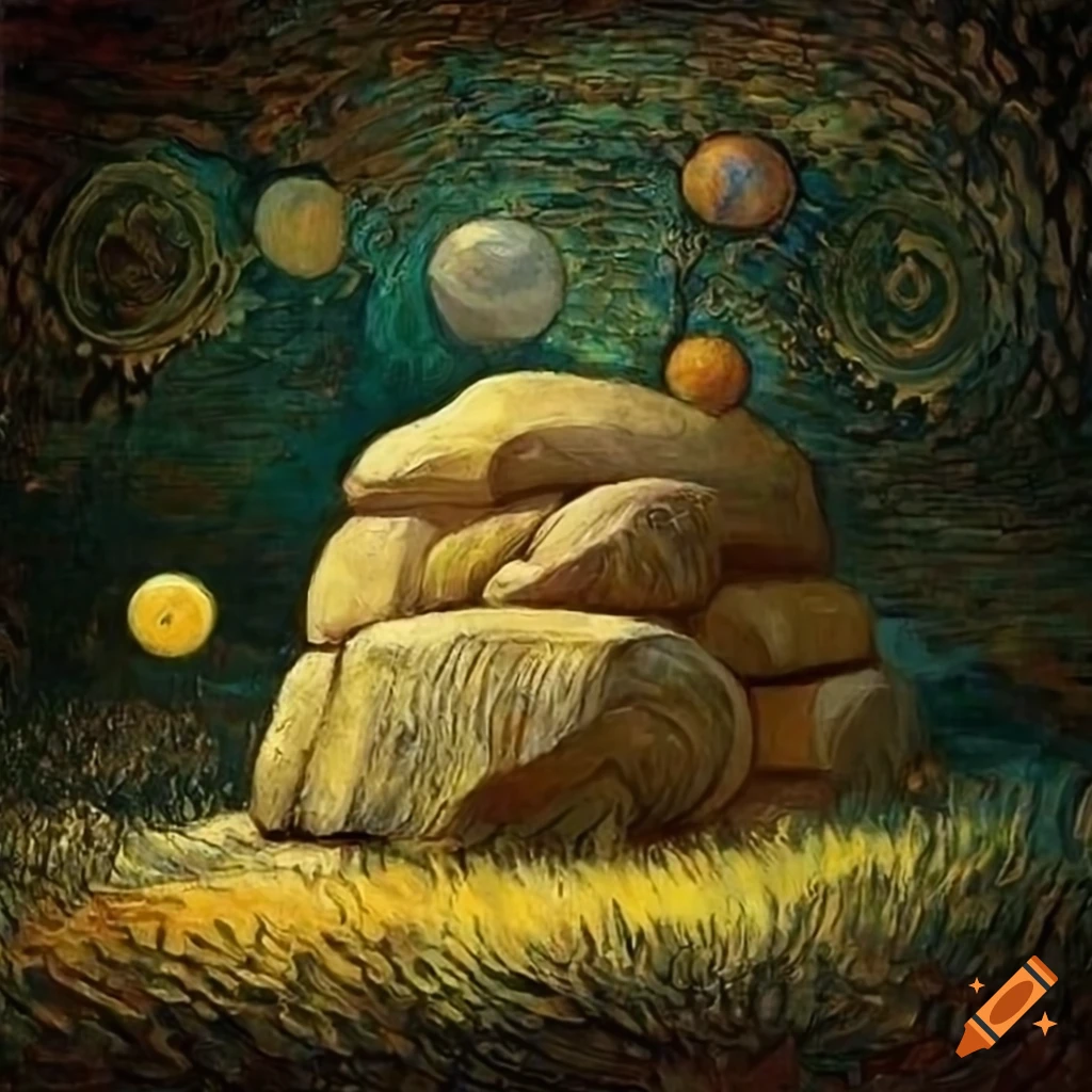 Carved totems and runes in rocks and boulders, surreal planets, shaded ...