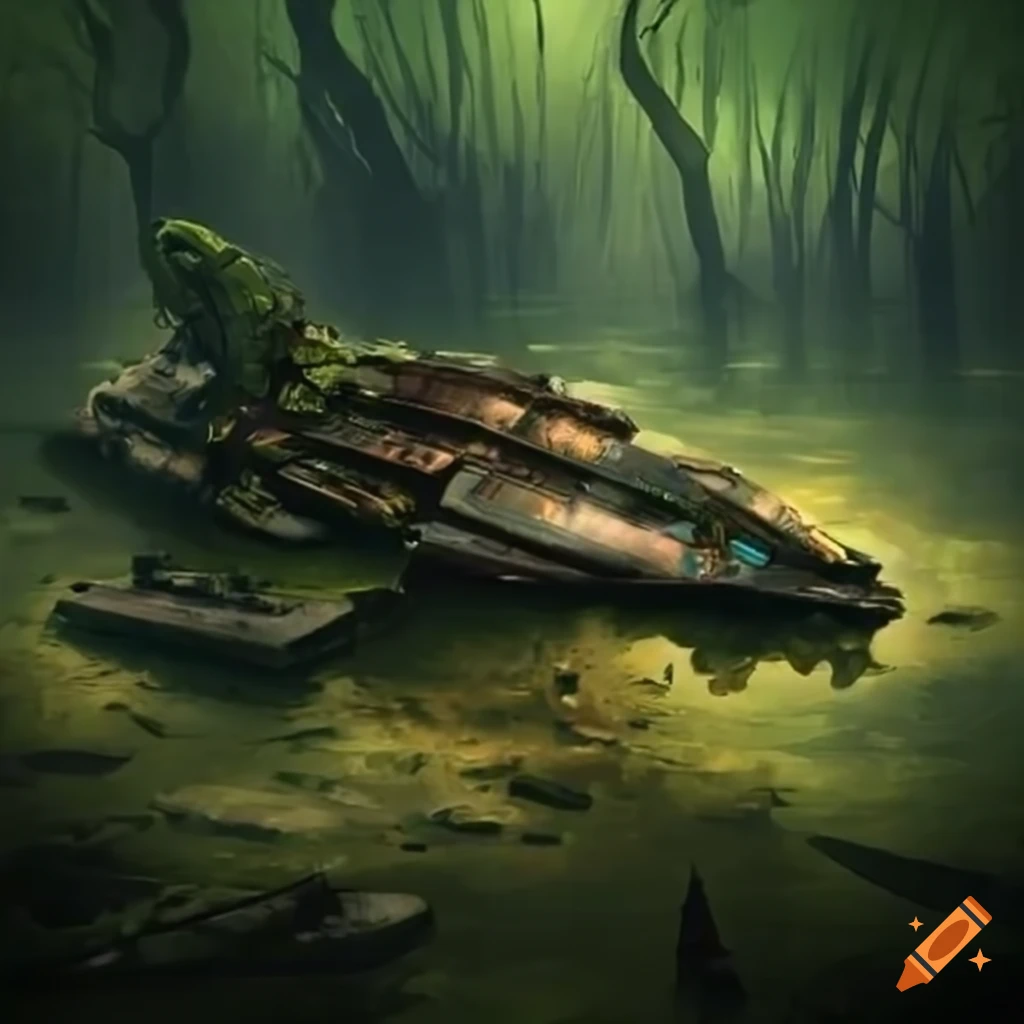 Crashed spaceship in a swamp on Craiyon