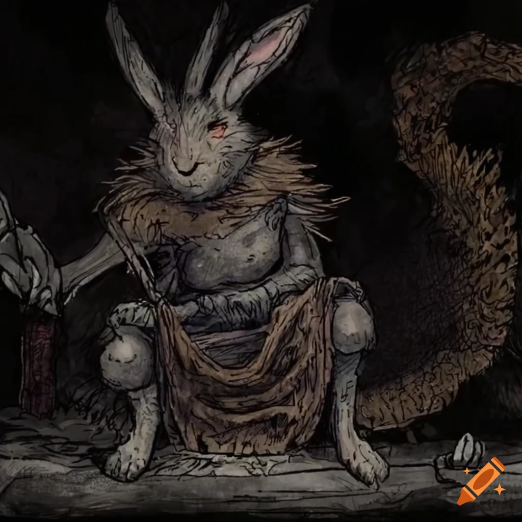 A rabbit as a Dark Souls boss drawn by Hidetaka Miyazaki on Craiyon