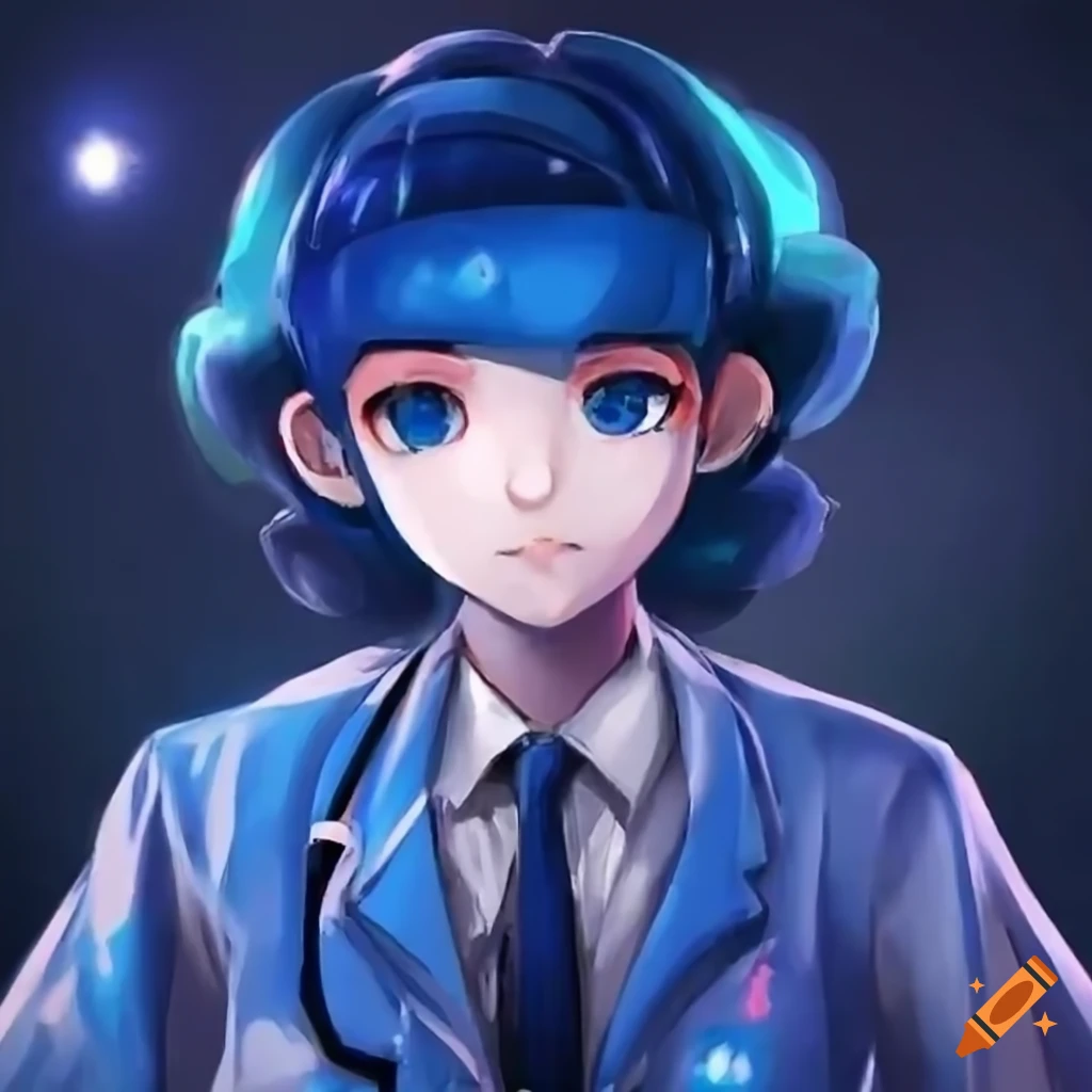 Anime girl with dark blue space buns and lab coat on Craiyon