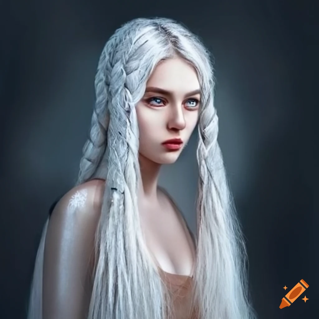 Russian lady, white hair,long braids