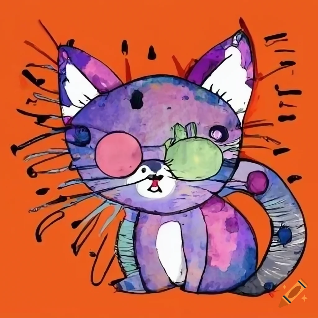 Psycho kitten cartoon made of scribbles, vibrant watercolor