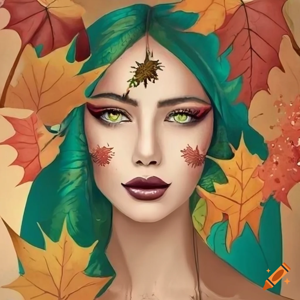 Cuadro de un rostro me mujer formado por hojas de maple on Craiyon